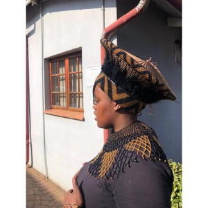 3 in 1 Gold and Black Zulu Isicholo Hat Set| Traditional African ...