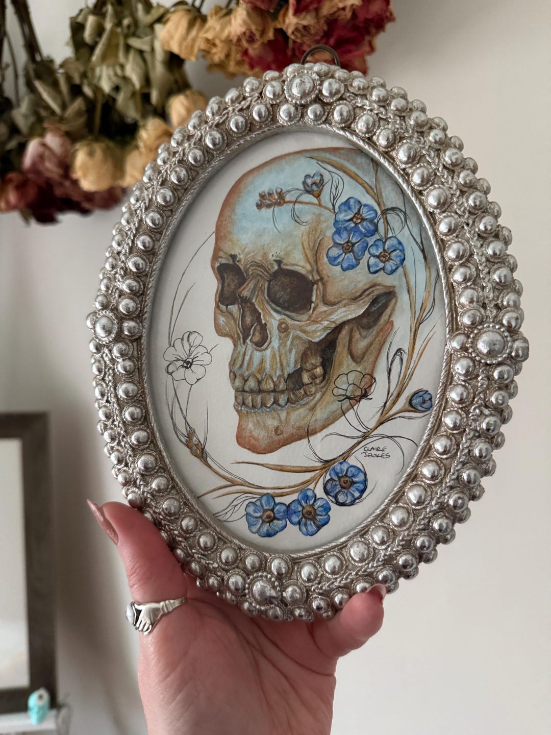 Watercolour Skull Forget Me Not Original Art, Bookshelf Art, Gothic ...