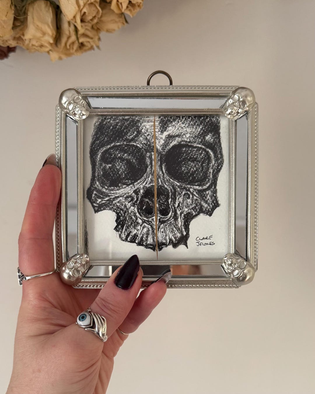 Charcoal Skull Original Art, Mini Artwork, Bookshelf Art, Gothic Human ...