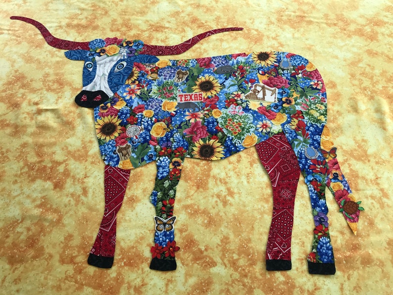 Bluebonnet the Longhorn Digital Download Collage Art Quilt Pattern PDF ...