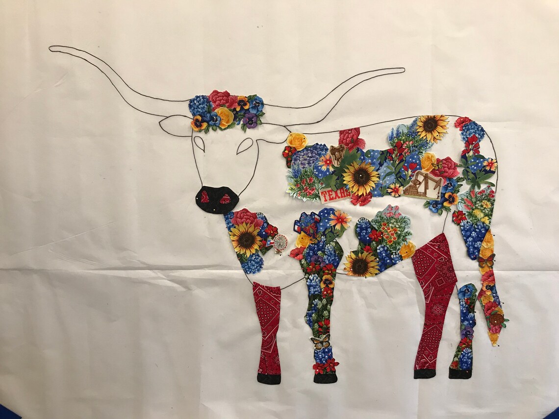 Bluebonnet the Longhorn Digital Download Collage Art Quilt Pattern PDF ...