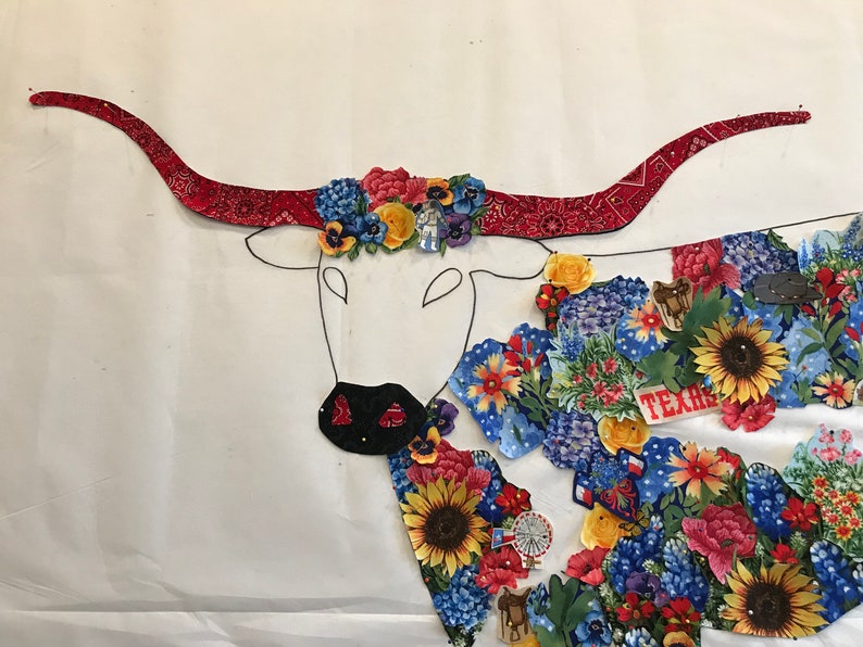Bluebonnet the Longhorn Digital Download Collage Art Quilt Pattern PDF ...