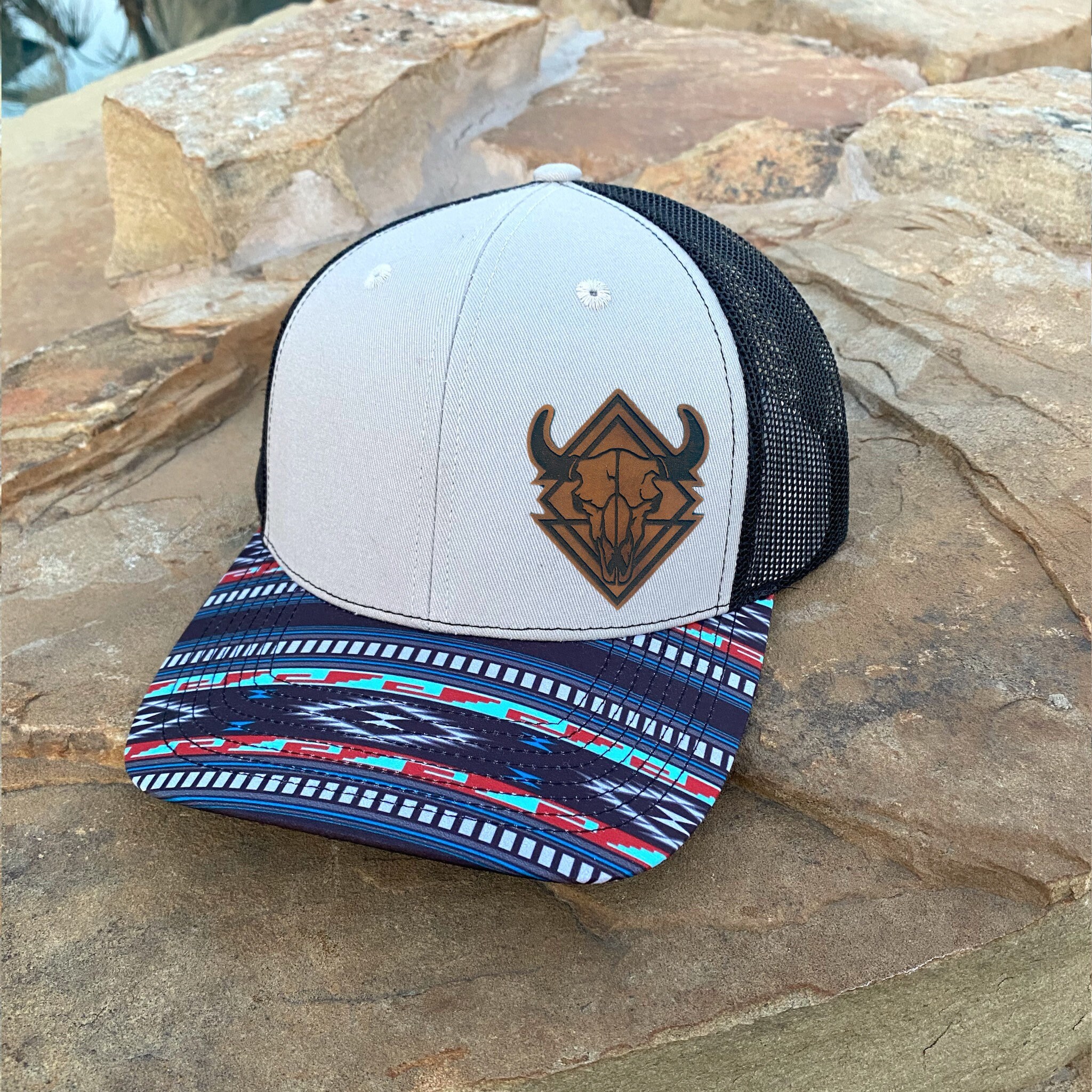 Western Aztec Skull Leather Patch Hat - Etsy