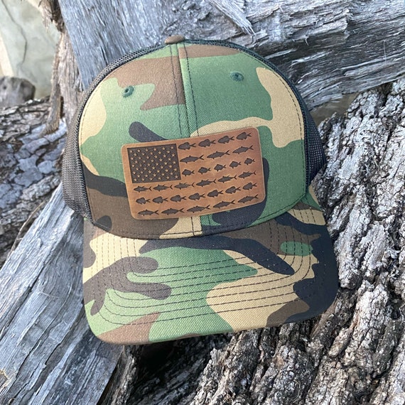 American Fish Flag Leather Patch Camo Hat - Etsy