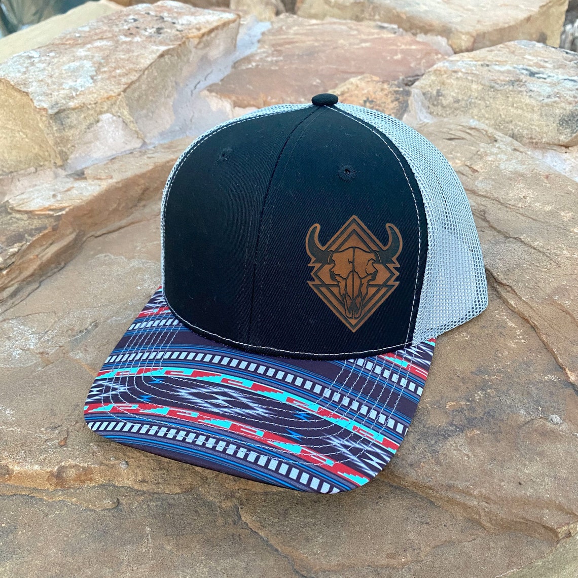 Western Aztec Skull Leather Patch Hat | Etsy