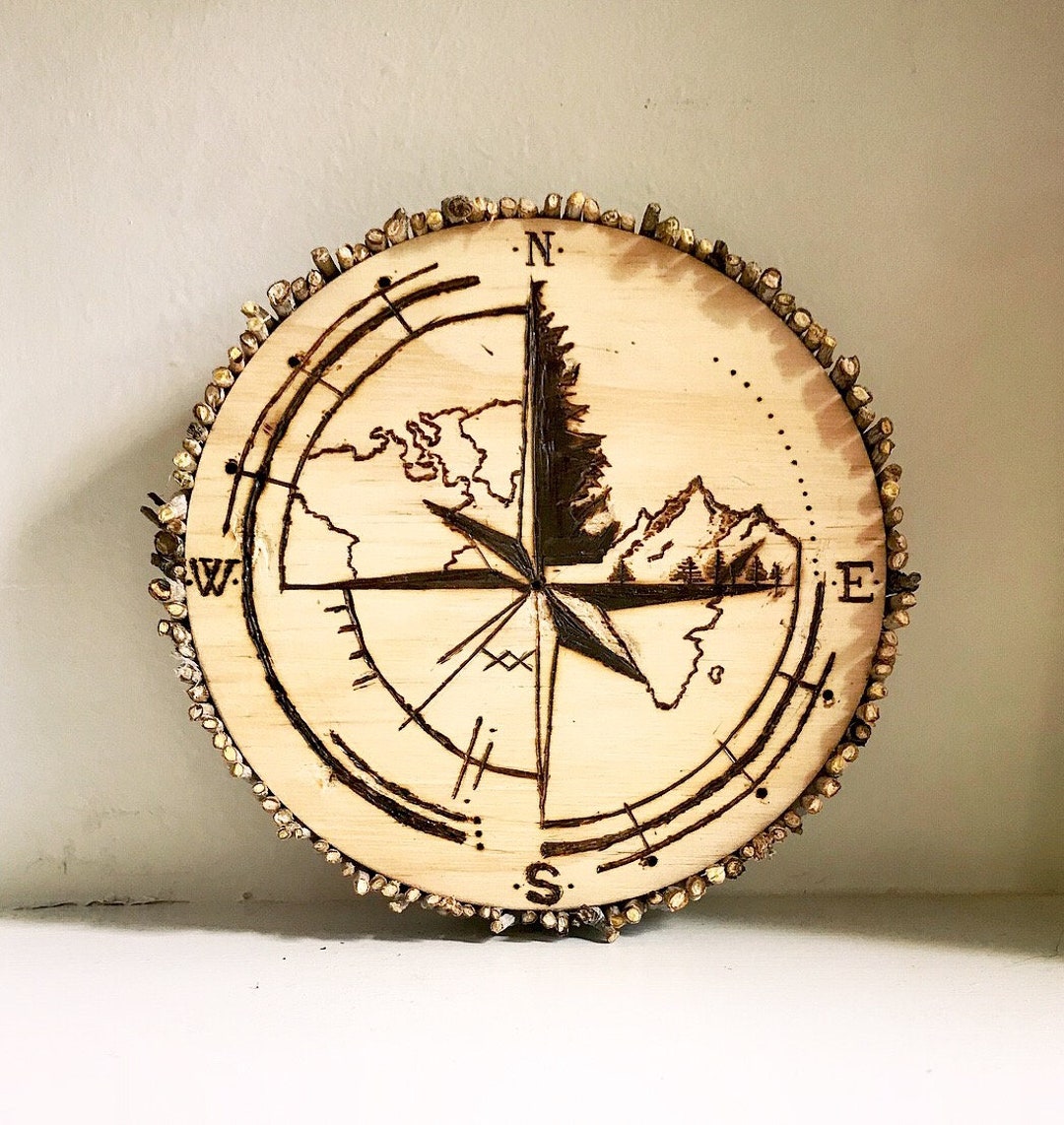 Wood Burned Compass Plaque-nature Theme - Etsy
