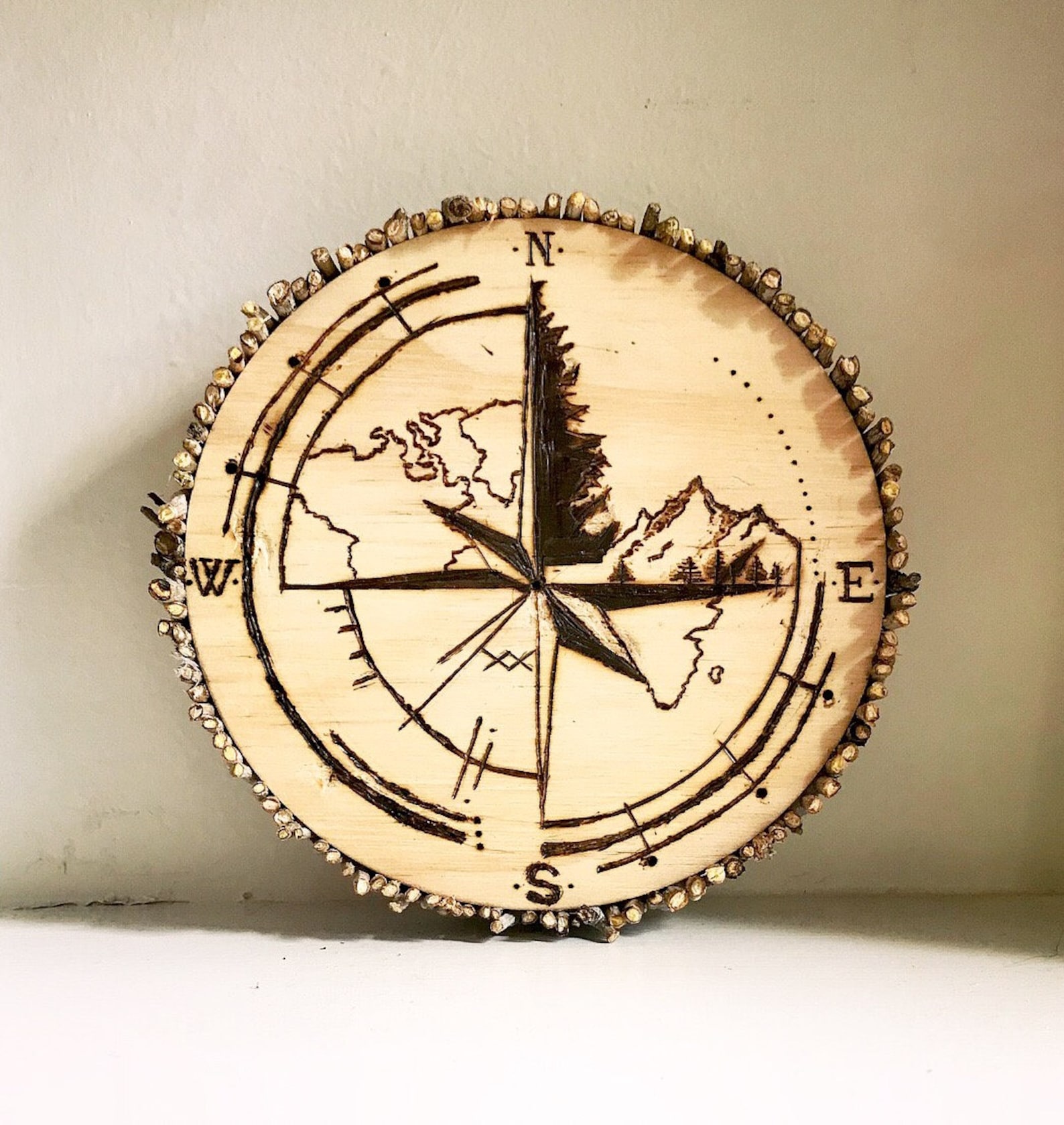 Wood Burned Compass Plaque-nature Theme - Etsy