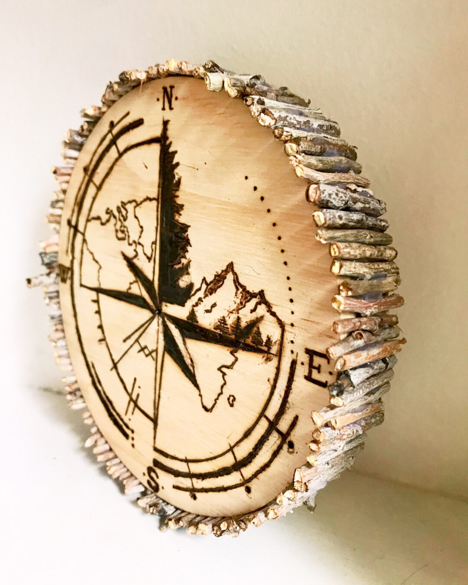 Wood Burned Compass Plaque-nature Theme - Etsy