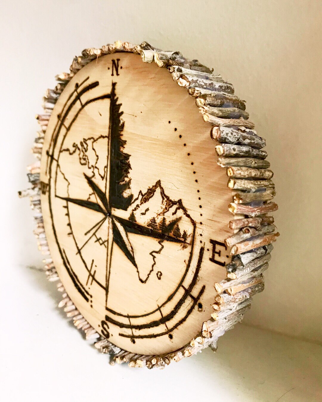 Wood Burned Compass Plaque-nature Theme - Etsy