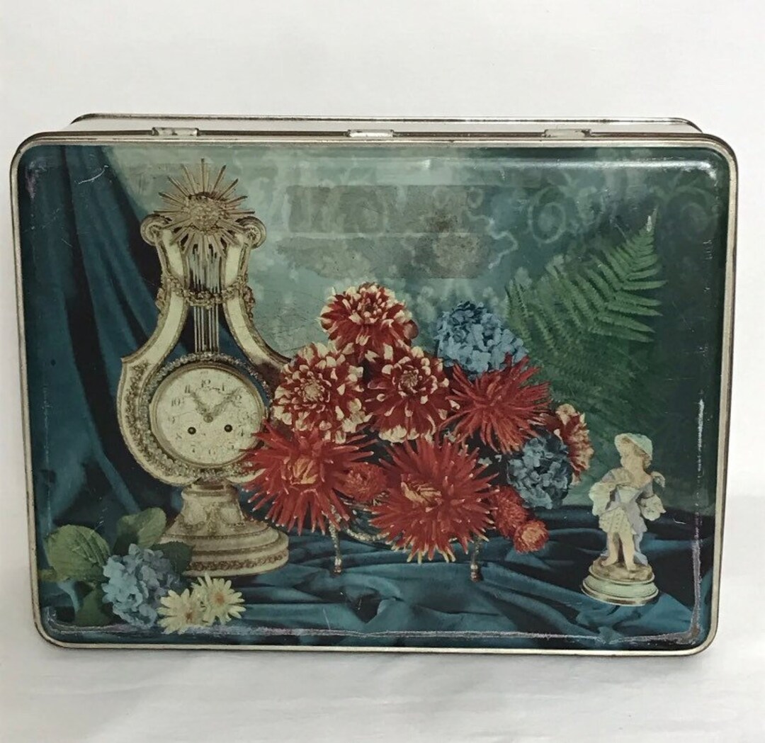 Vintage Tin Fruit and Clock Pattern Floral Tin Vintage Storage Tin ...