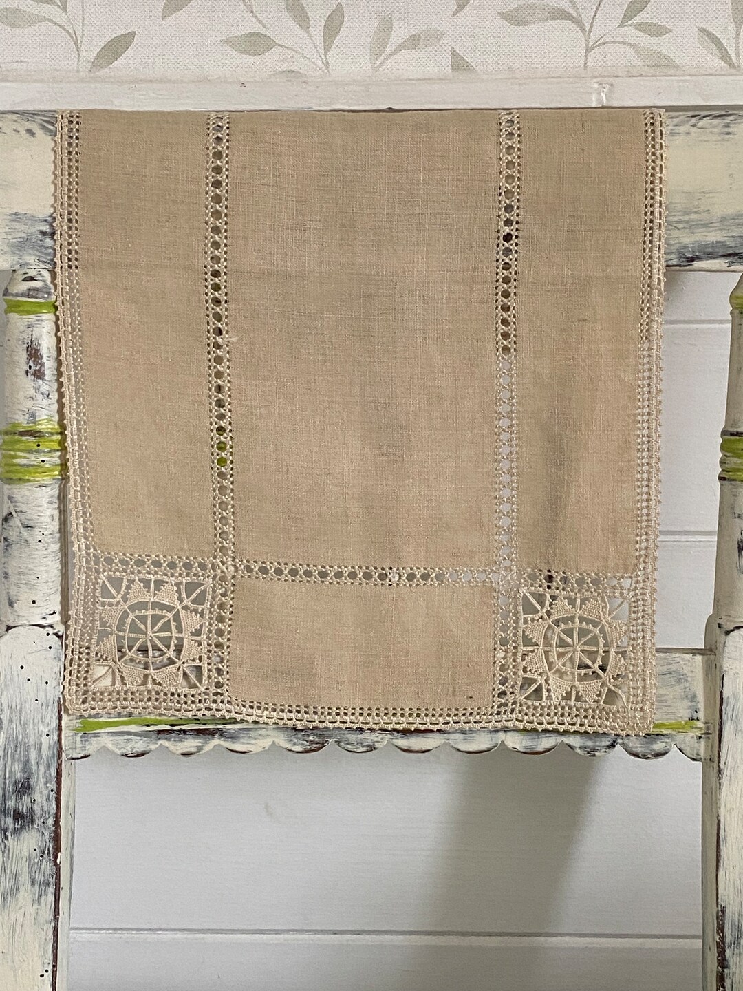 Vintage Traycloth Linen Tray Cloth Beige Lace and Thread Work Table ...