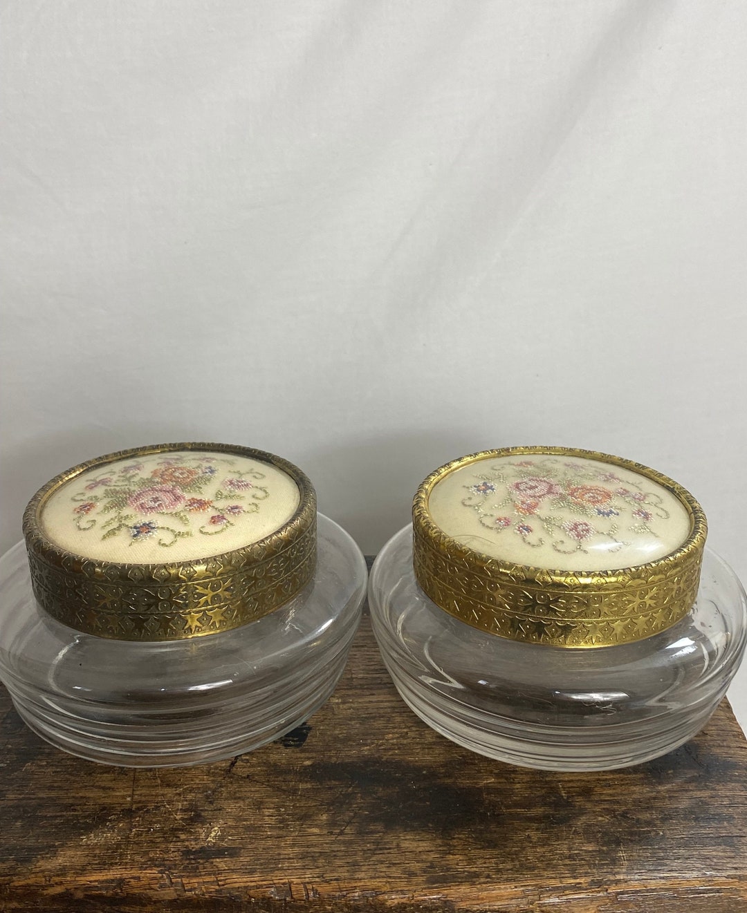 Vintage Powder Pot 2 Dressing Table Pots Trinket Pot Glass Gold Metal ...
