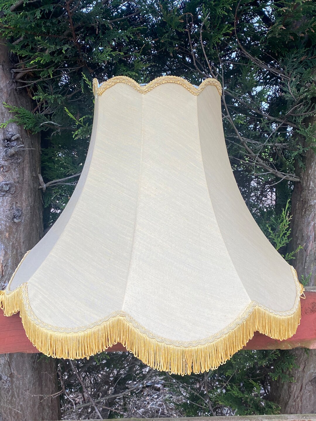Large Vintage Lamp Shade - 1980s - Yellow/gold Faux Silk Fabric ...