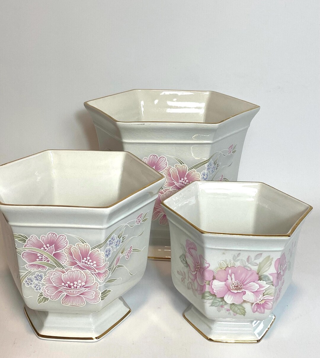 Vintage Royal Winton Ceramic Plant Pot Set: Pink Floral England 1980s ...