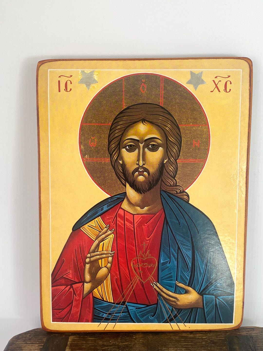 Vintage Scared Heart of Jesus Picture - Wooden Print - Religious Icon ...