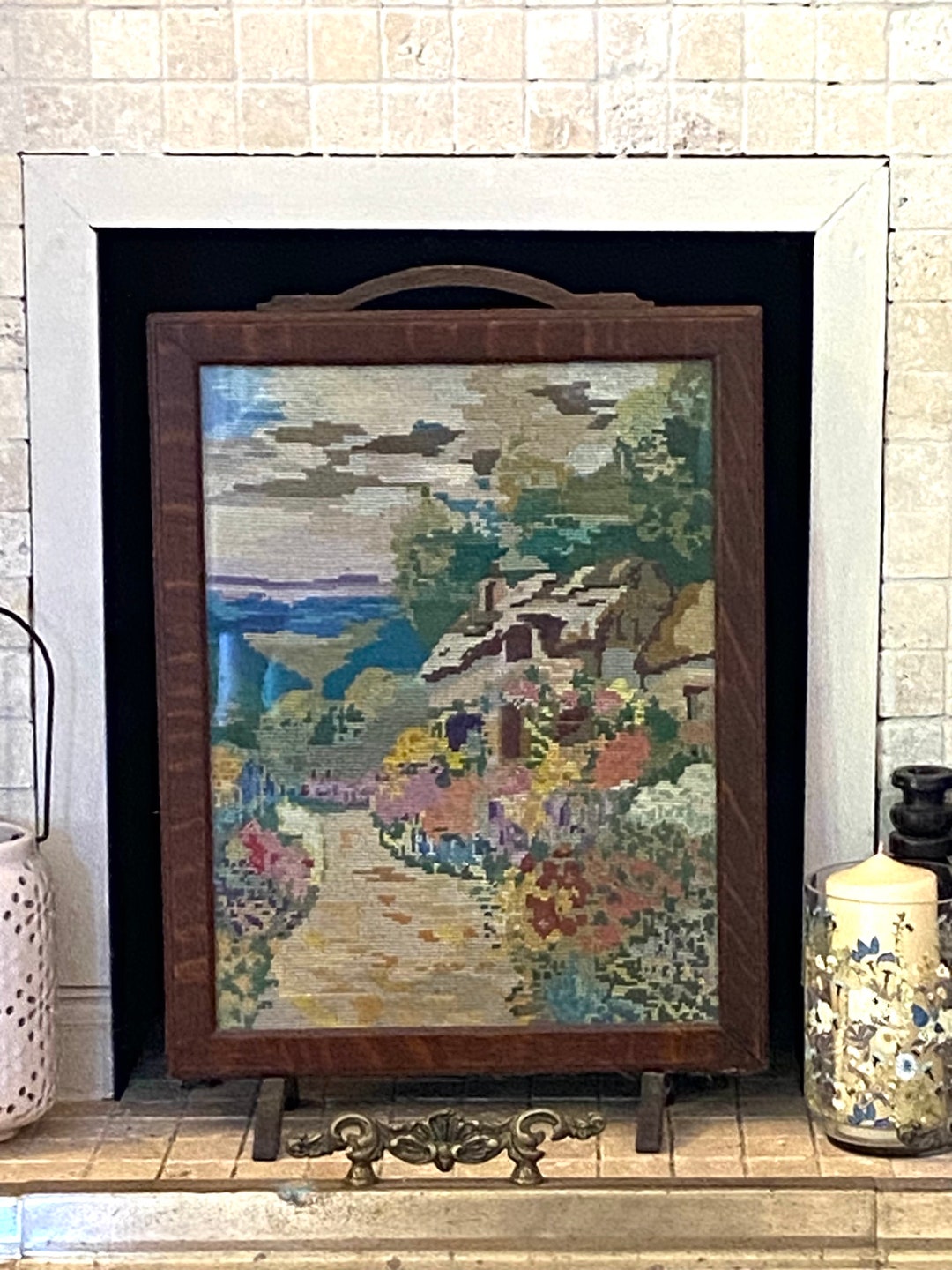 Antique Arts & Crafts Fire Screen Tapestry Wooden Fire Screen ...