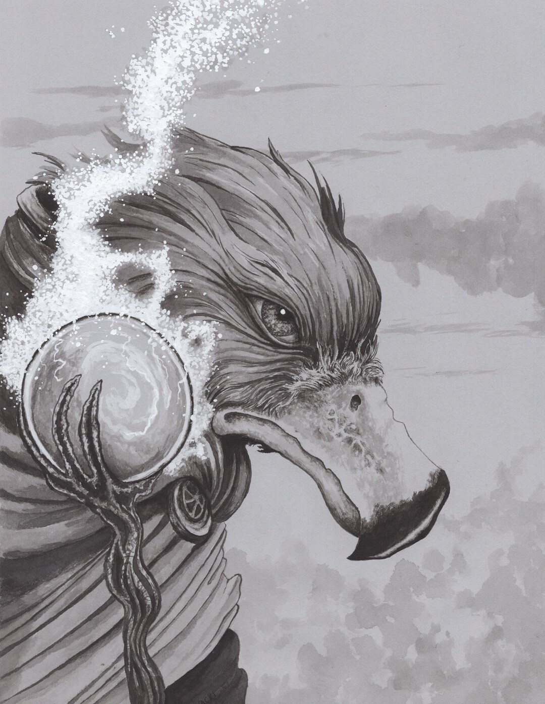 Ink Painting, Original Fantasy Art Bird Wizard, Traditional Art, 8.5x11 ...