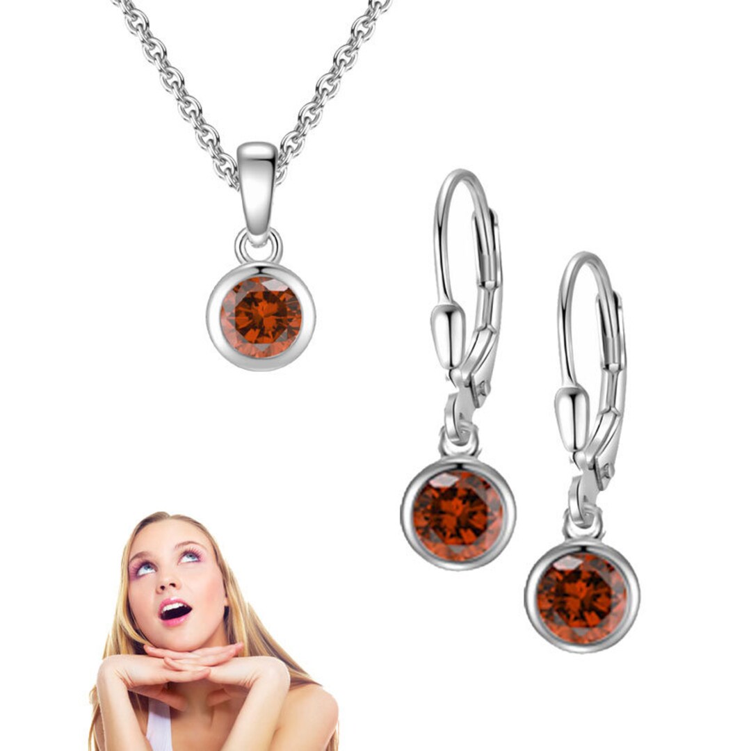 Birthstone, Month Stone SET chain Pendant Earrings, 925 Sterling Silver ...