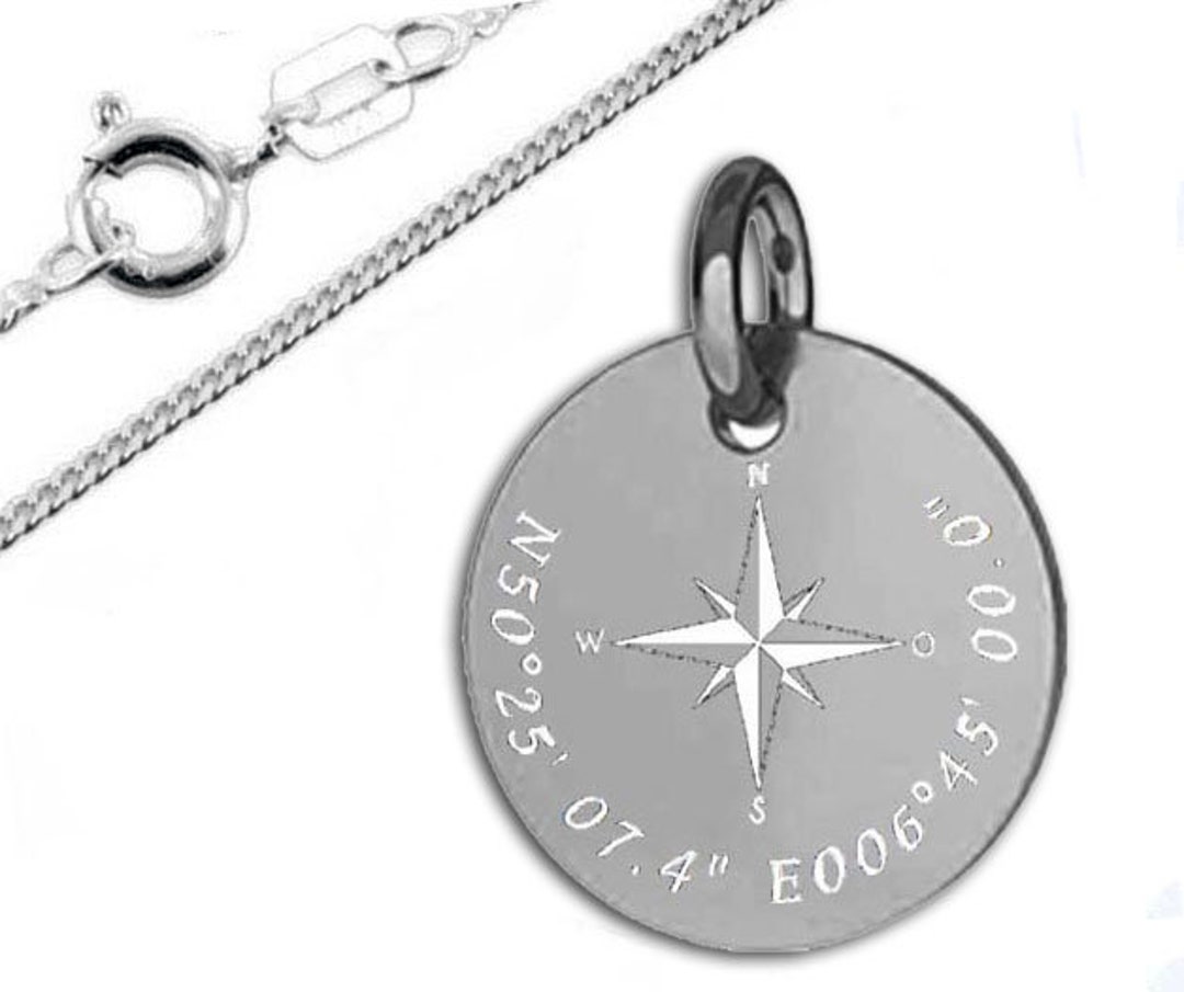 Compass and Coordinates Necklace -silver 925- Incl. Personal Engraving ...