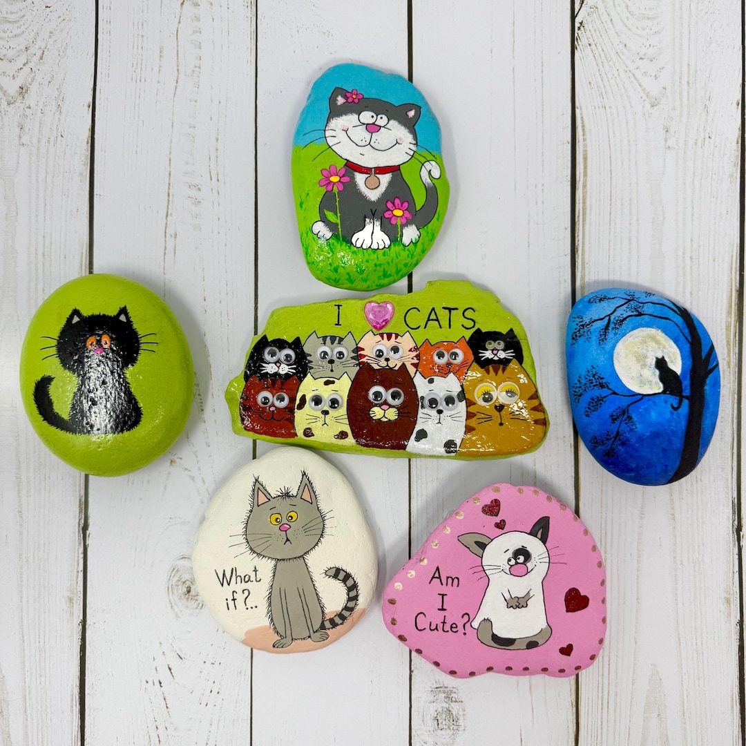 Painted Cat Rock: Whimsical Stone Art for Cat Lovers - Etsy
