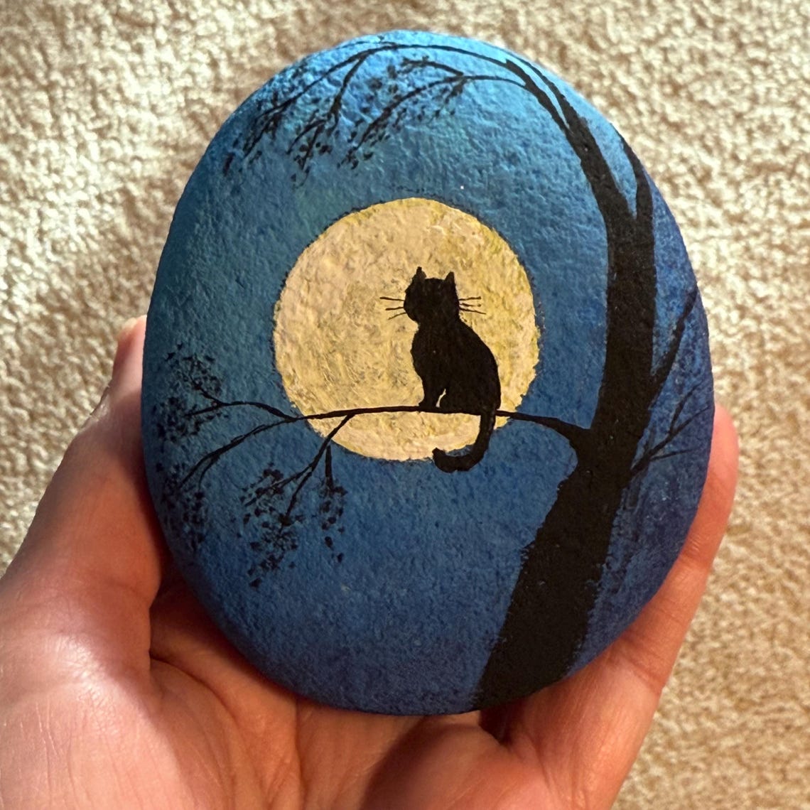 Black Cat and Moon Kitten Painted Rock, Stone Art, Gift for Cat Owner ...