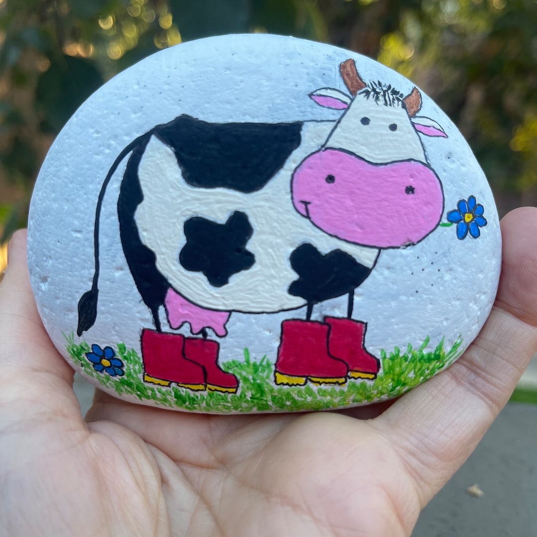 Funny Cow in Boots Painted Rock, Black and White Cow, Stone Art, Gift ...