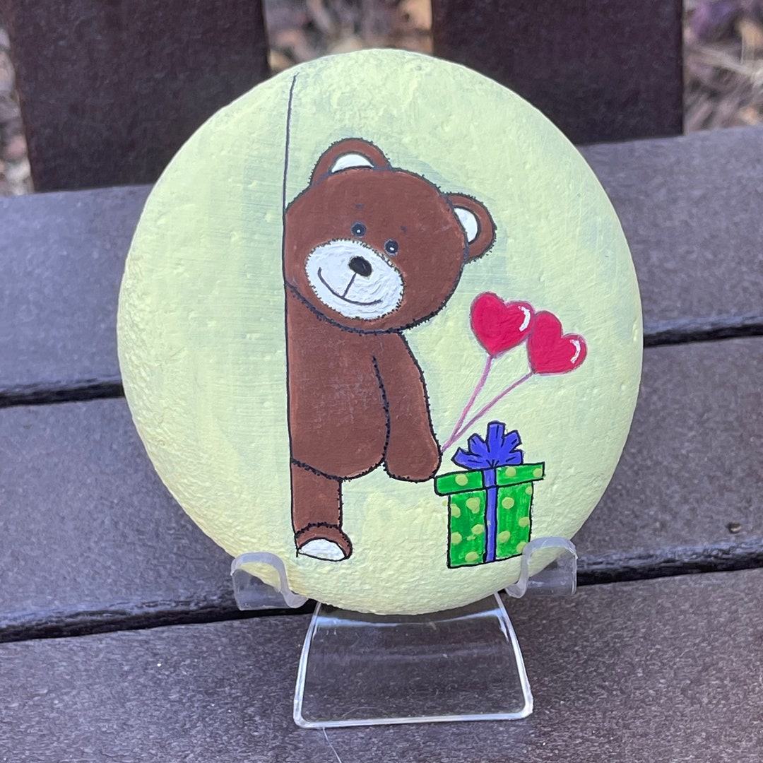 Teddy Bear With Baloons Painted Rock, Stone Art, Gift for a Friend ...
