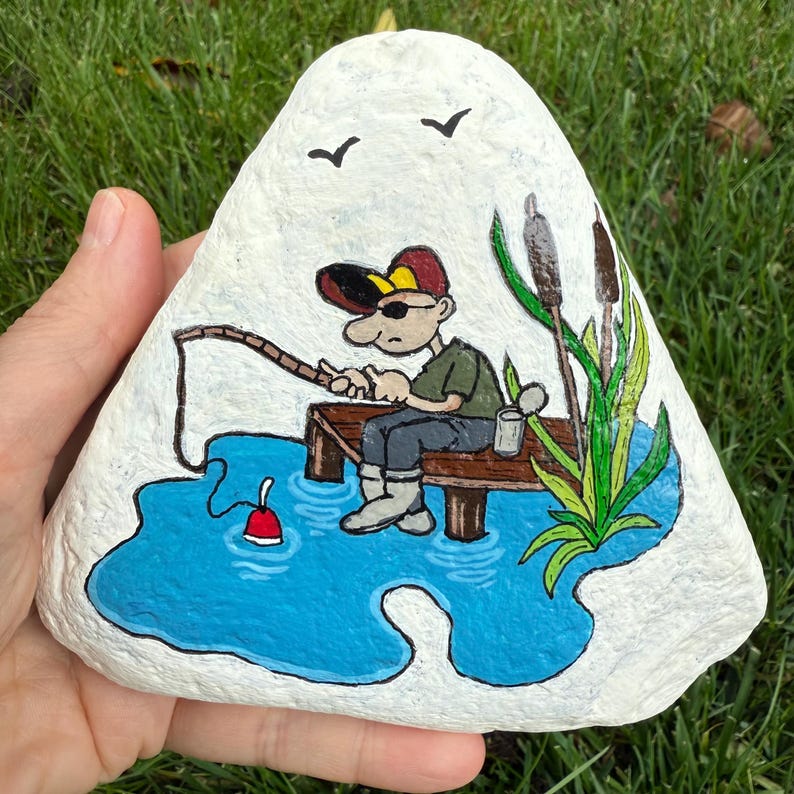 Funny Fisherman Painted Rock, Stone Art, Gift for a Friend, Home Decor ...