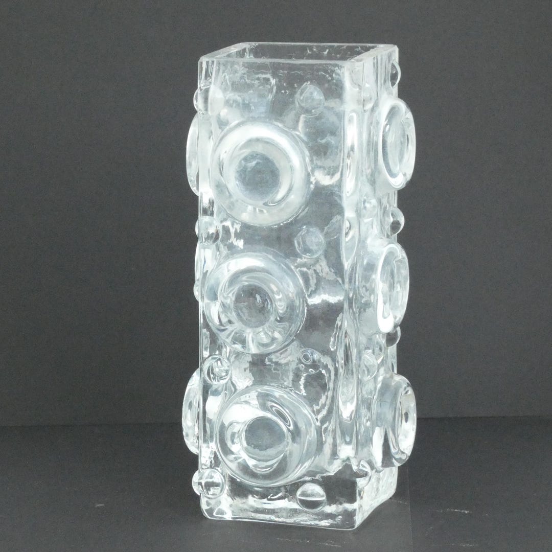 60s Molded Clear Crystal Glass Block Vase With Circular Retro Design ...