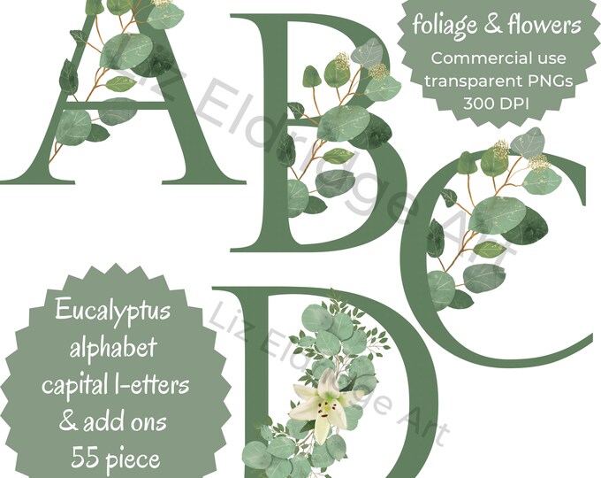 Eucalyptus Capital Letters Full Alphabet Clipart 300dpi Hand Drawn ...