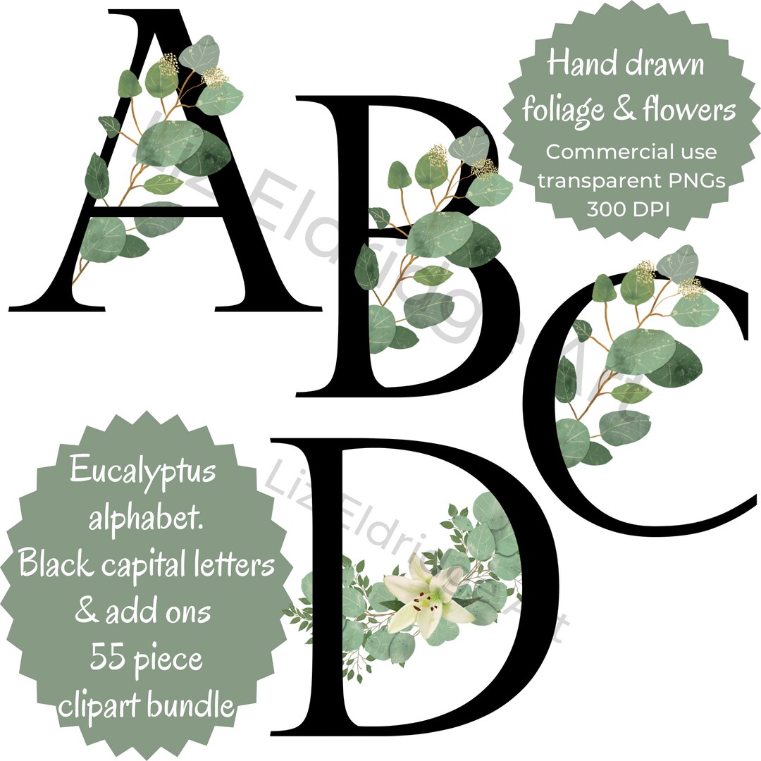 Eucalyptus Black Capital Letters, Full Alphabet Clipart 300dpi Hand ...