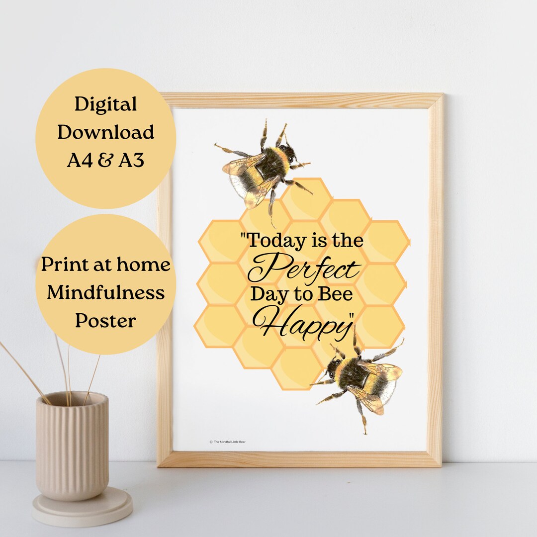 Bee Happy Printable Poster, Hand Drawn Original Art, Bumble Bees With ...