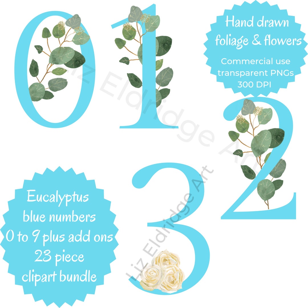 Eucalyptus Baby Blue Number Clipart Bundle, 0 to 9 Pink Clipart 300dpi ...