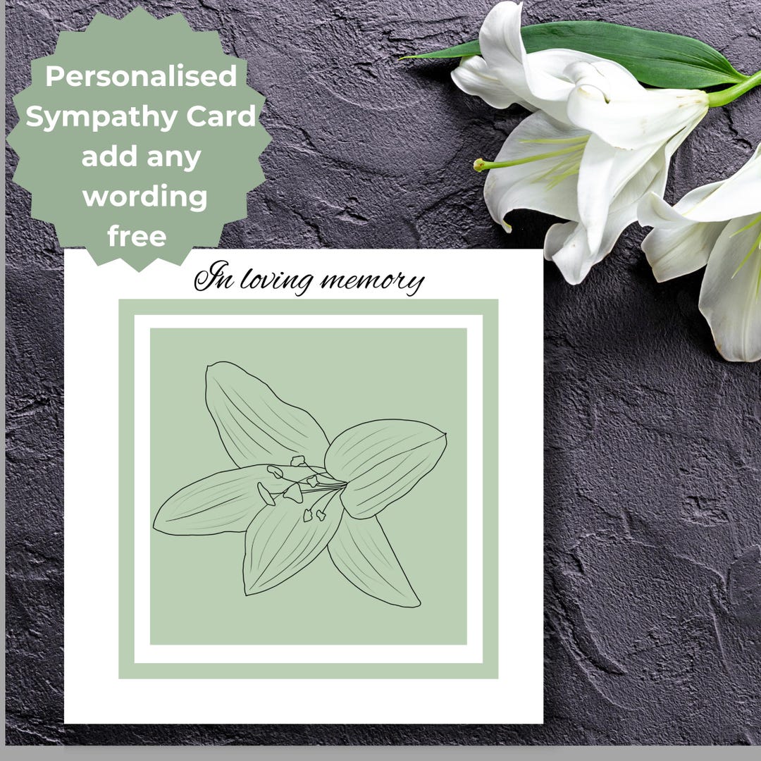 Personalised in Loving Memory Card, Line Drawing Lily Bereavement Card ...