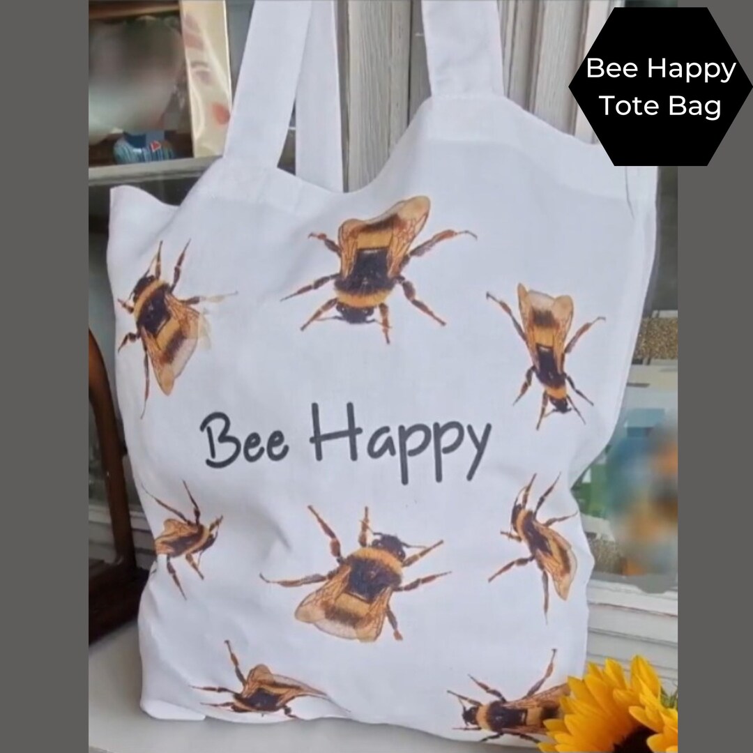 Bee Happy Tote Bag, Large, Cotton Feel Ethically Produced, Long Handled ...