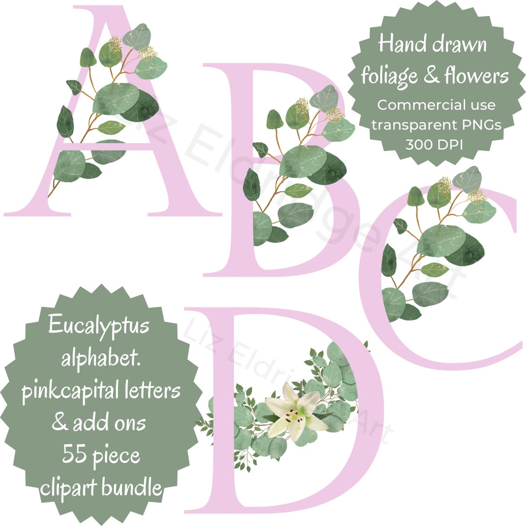 Eucalyptus Baby Pink Capital Letters, Full Alphabet Clipart 300dpi Hand ...