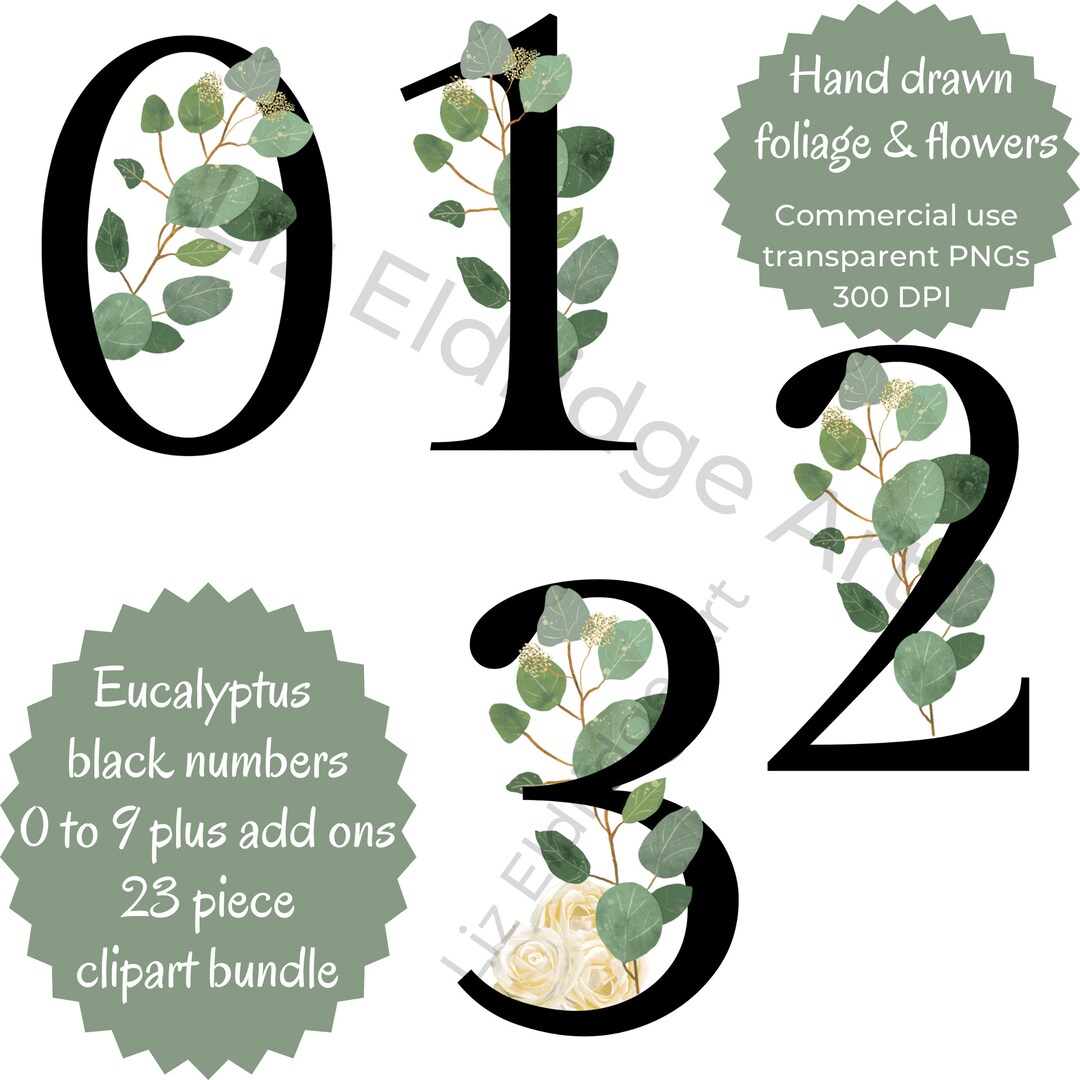 Eucalyptus Classic Black Numbers 0 to 9 Clipart, 300dpi Hand Drawn ...