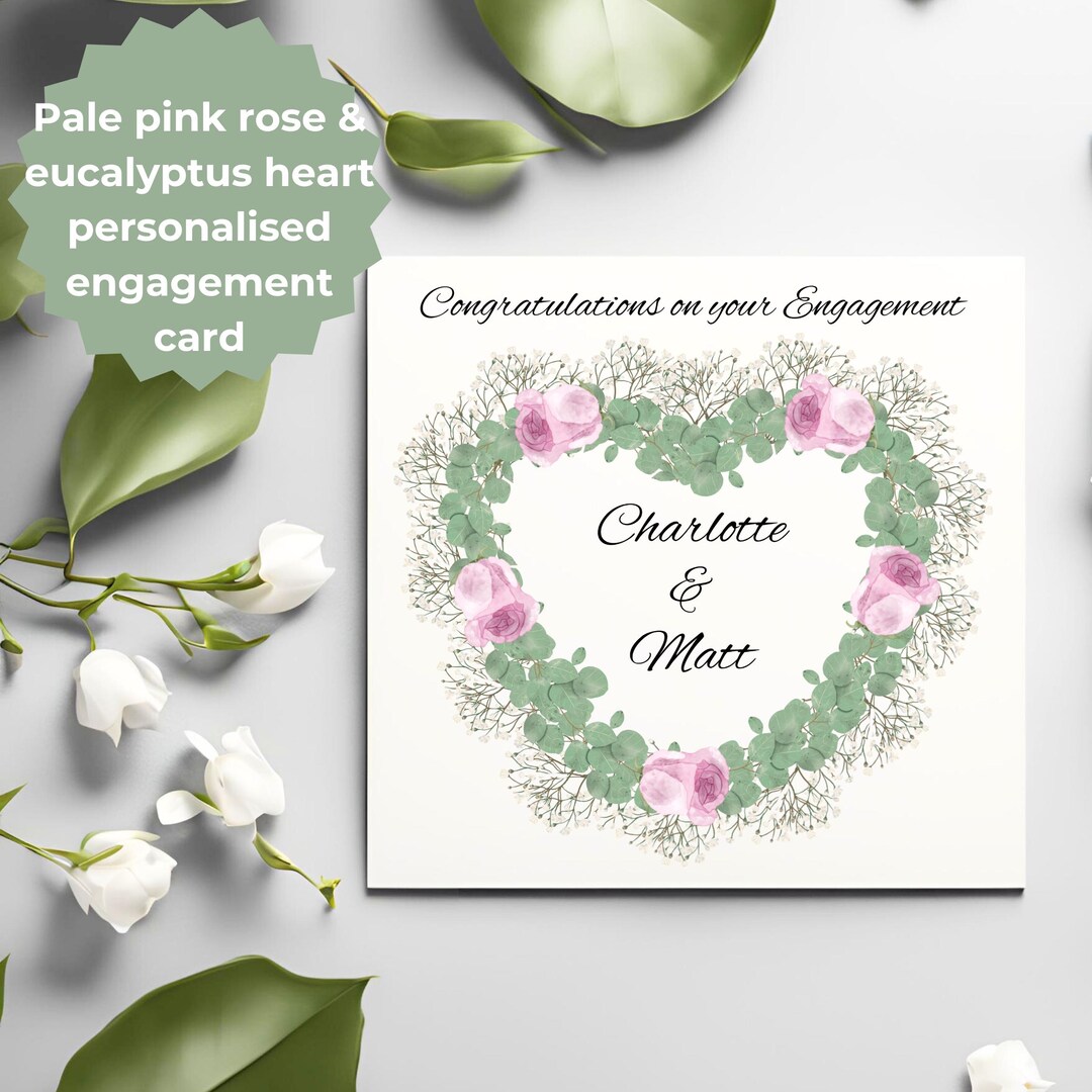 Personalised Pretty Pale Pink Engagement Card, Roses and Eucalyptus ...