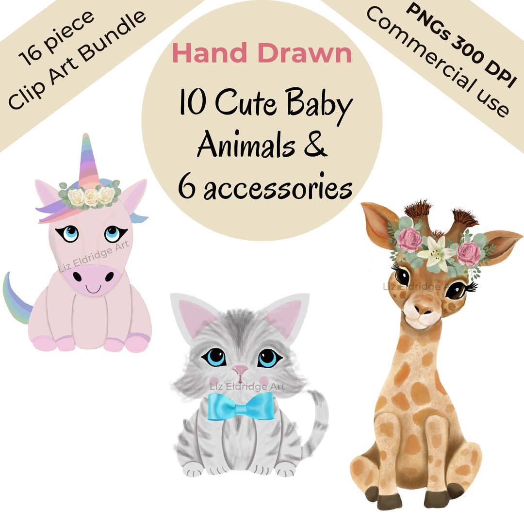 Cute Baby Animals and Accessories Clipart Bundle, Hand Drawn Original ...