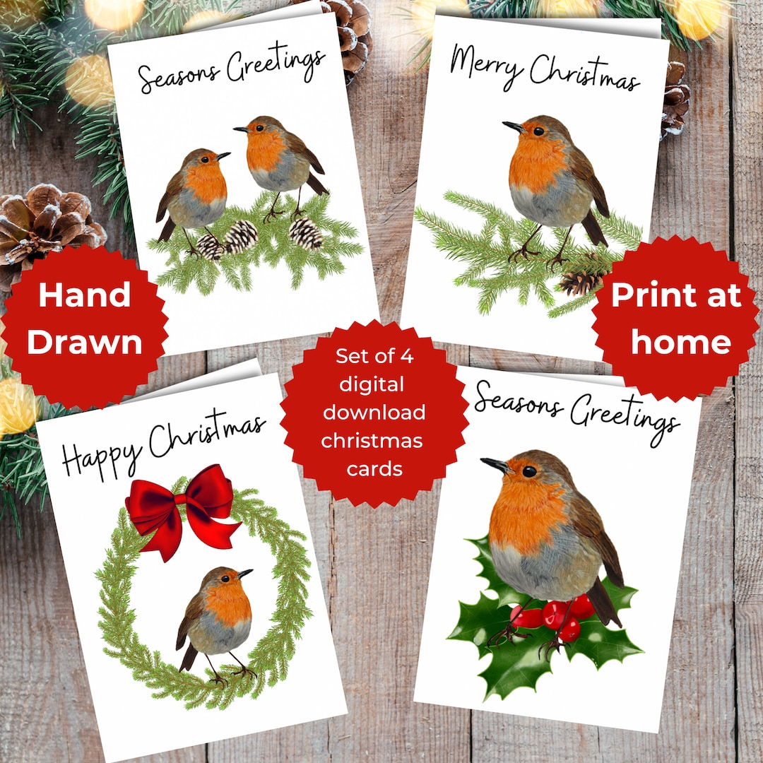 Gorgeous Hand Drawn Robin Digital Christmas Cards to Print at Home ...