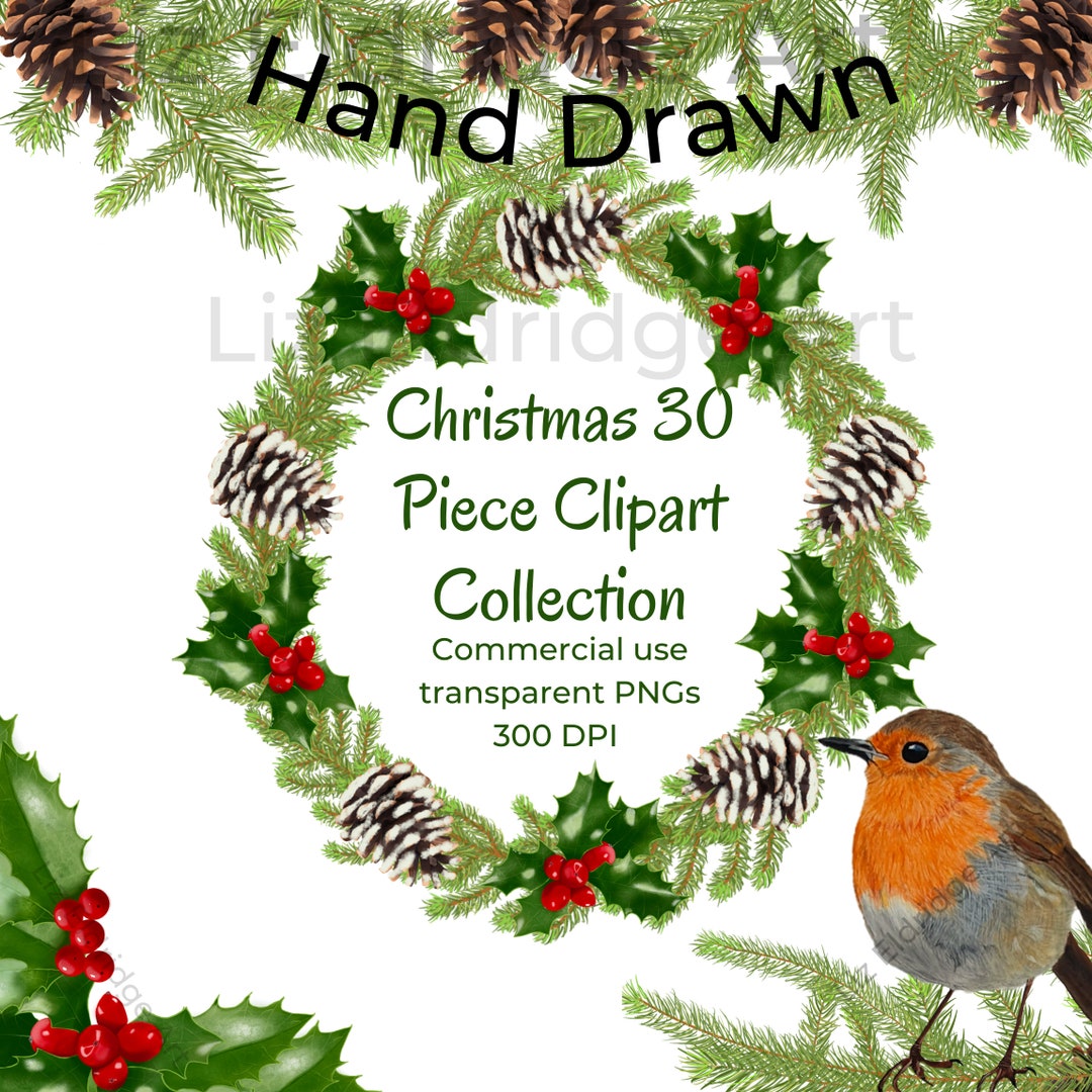 Christmas Clipart Bundle With Robin, Holly, Greenery, Pine Cones and ...