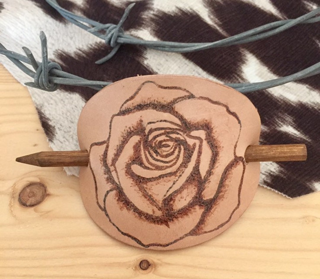 Cottagecore Pyrography on Leather Stick Barrette - Etsy
