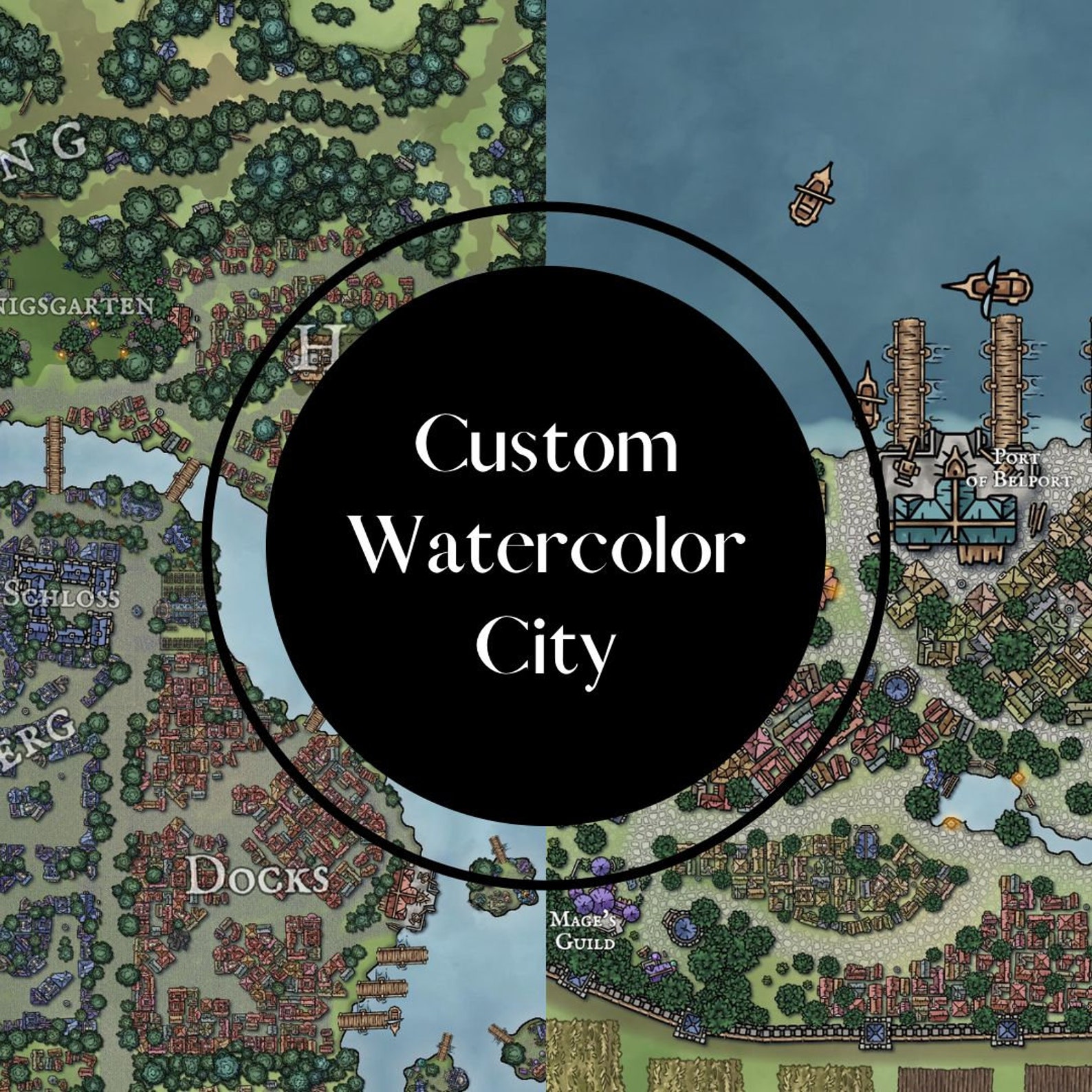 Custom Watercolor Fantasy City Map Town Map DND Campaign Map - Etsy
