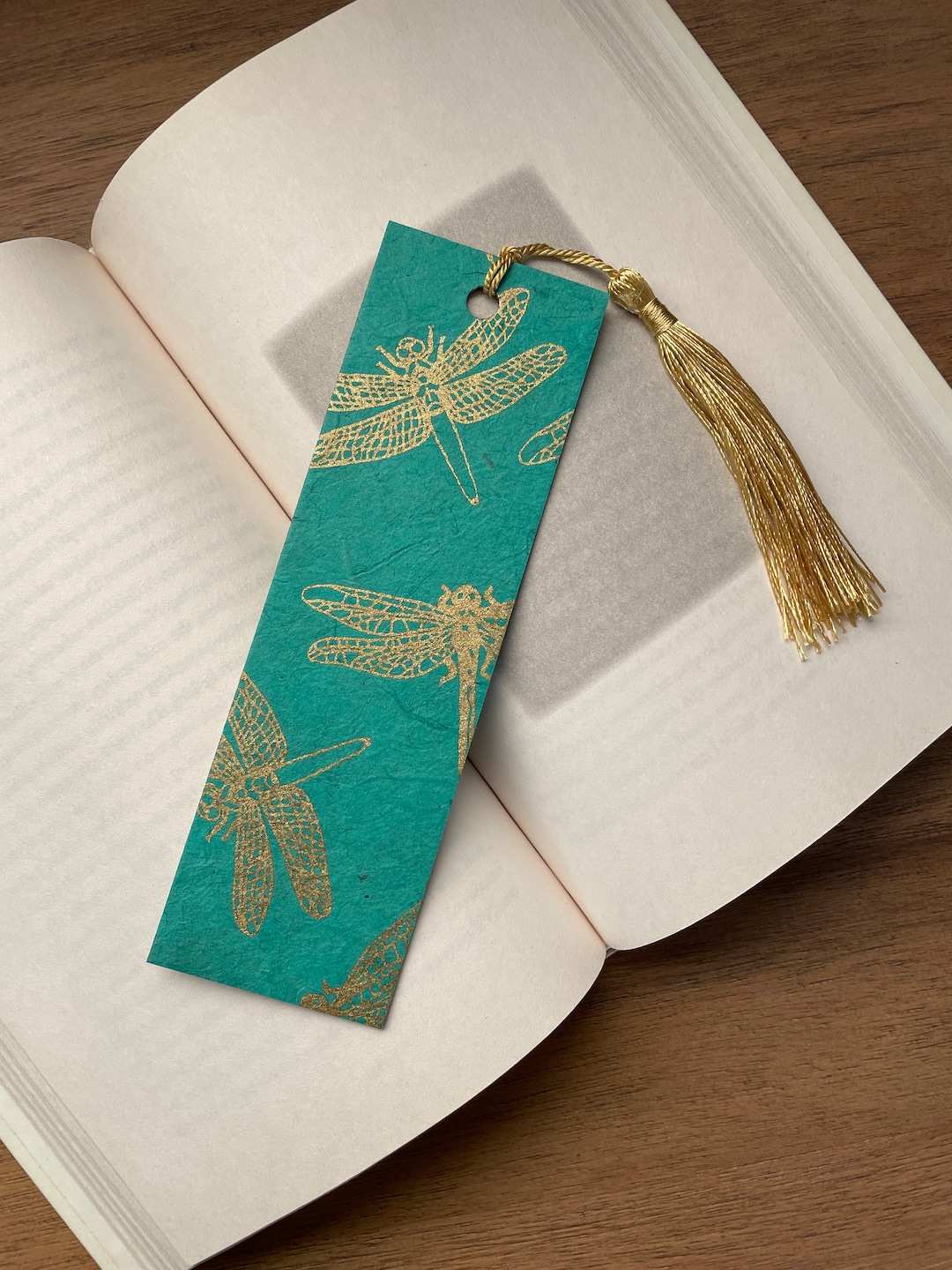 Dragonfly Bookmark Metallic Gold Dragonflies on Turquoise, Sustainable ...