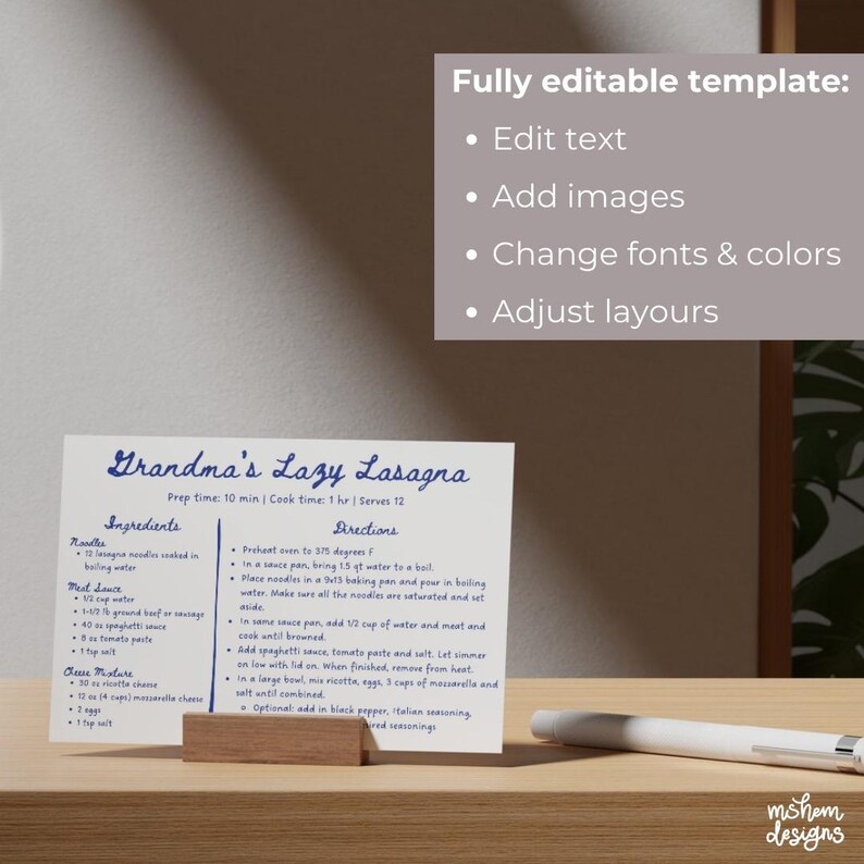 Editable Recipe Card Template, Handwritten Personalized Recipe Card ...