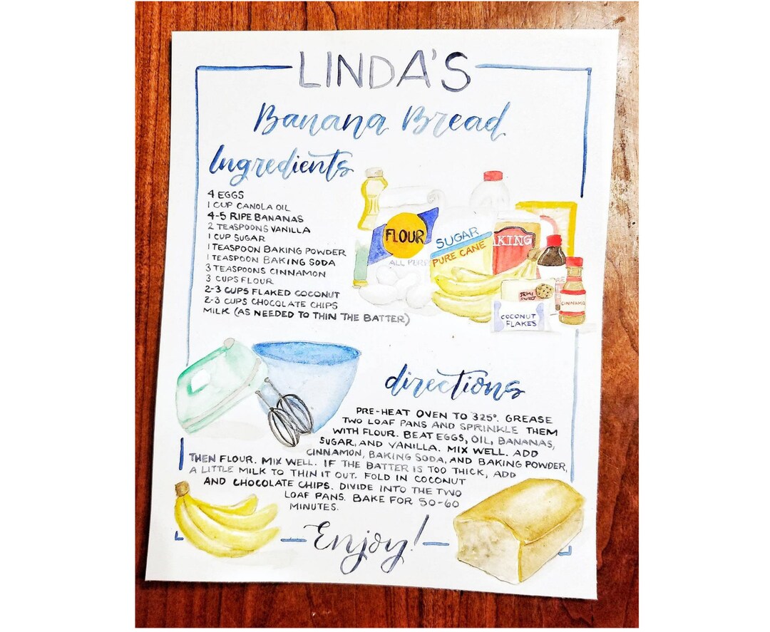 Custom Watercolor Recipe Illustration, Favorite Recipe Art, Illustrated ...