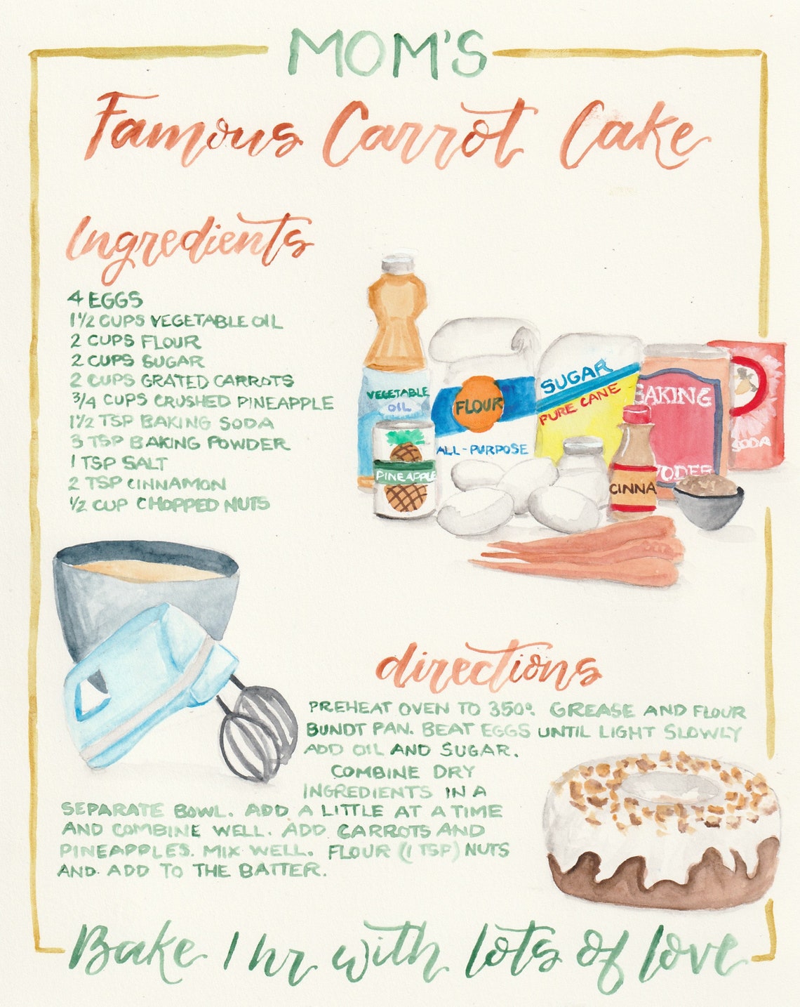 Custom Watercolor Recipe Illustration, Favorite Recipe Art, Illustrated ...