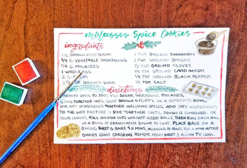 Custom watercolor recipe illustration on recipe card recipe | Etsy