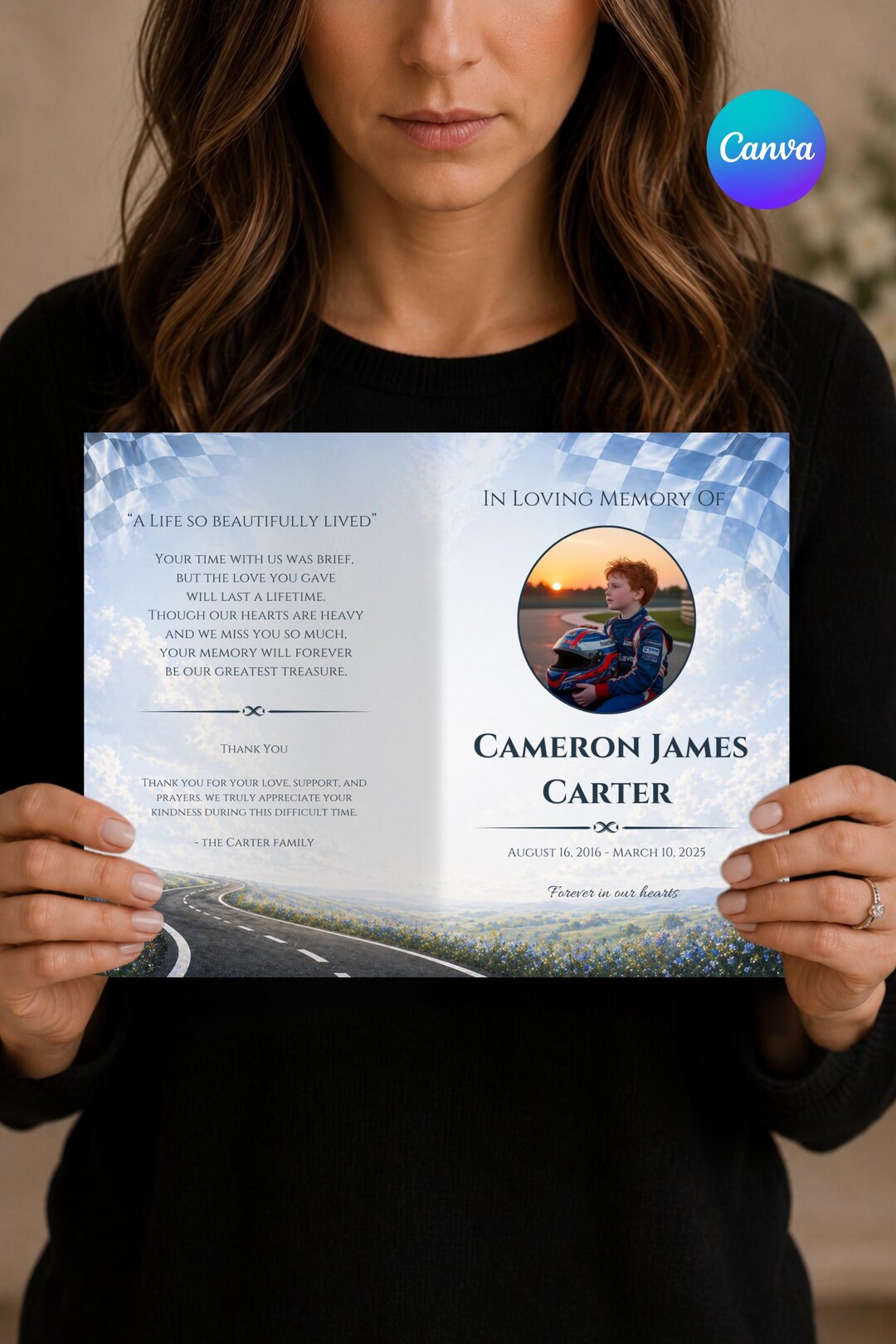 Race Car Funeral Program Template | 11x8.5 Editable Canva Memorial ...