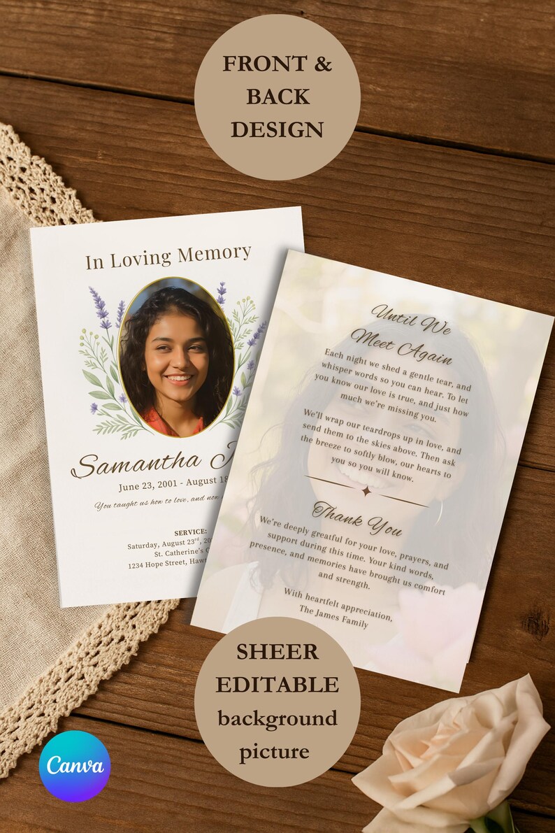 Funeral Invitation|loss of Daughter|in Loving Memory Memorial Card ...